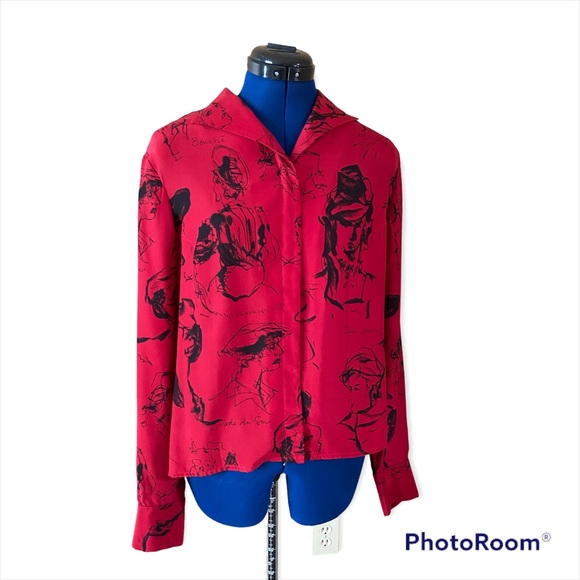 Rena Rowan | Tops | Rena Rowan Red Silk Blouse Artsy Women Faces ...